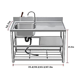 ORNBDDM Commercial Stainless Steel Sink，Stainless Steel Utility Sink,Single Bowl Commercial Kitchen Sink w/Workbench, Utility Kitchen Sinks W/Faucet/Drain Kit 90 * 50 * 80cm/35.4 * 19.7 * 31.5in A