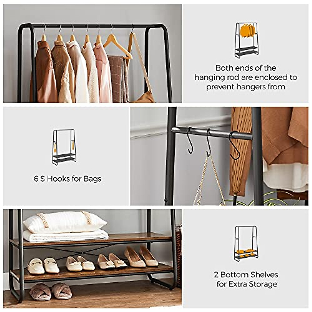VASAGLE Clothes Rack, Clothing Rack for Hanging Clothes, Garment Rack with 2 Shelves, 6 S-Shaped Hooks, Steel Frame, for Bedroom, Rustic Brown and Black URGR112B01