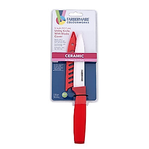 Farberware Ceramic 5-inch Utility Knife with Custom-Fit Blade Cover, Razor-Sharp Kitchen Knife with Ergonomic, Soft-Grip Handle, Dishwasher-Safe, 5-inch, Red