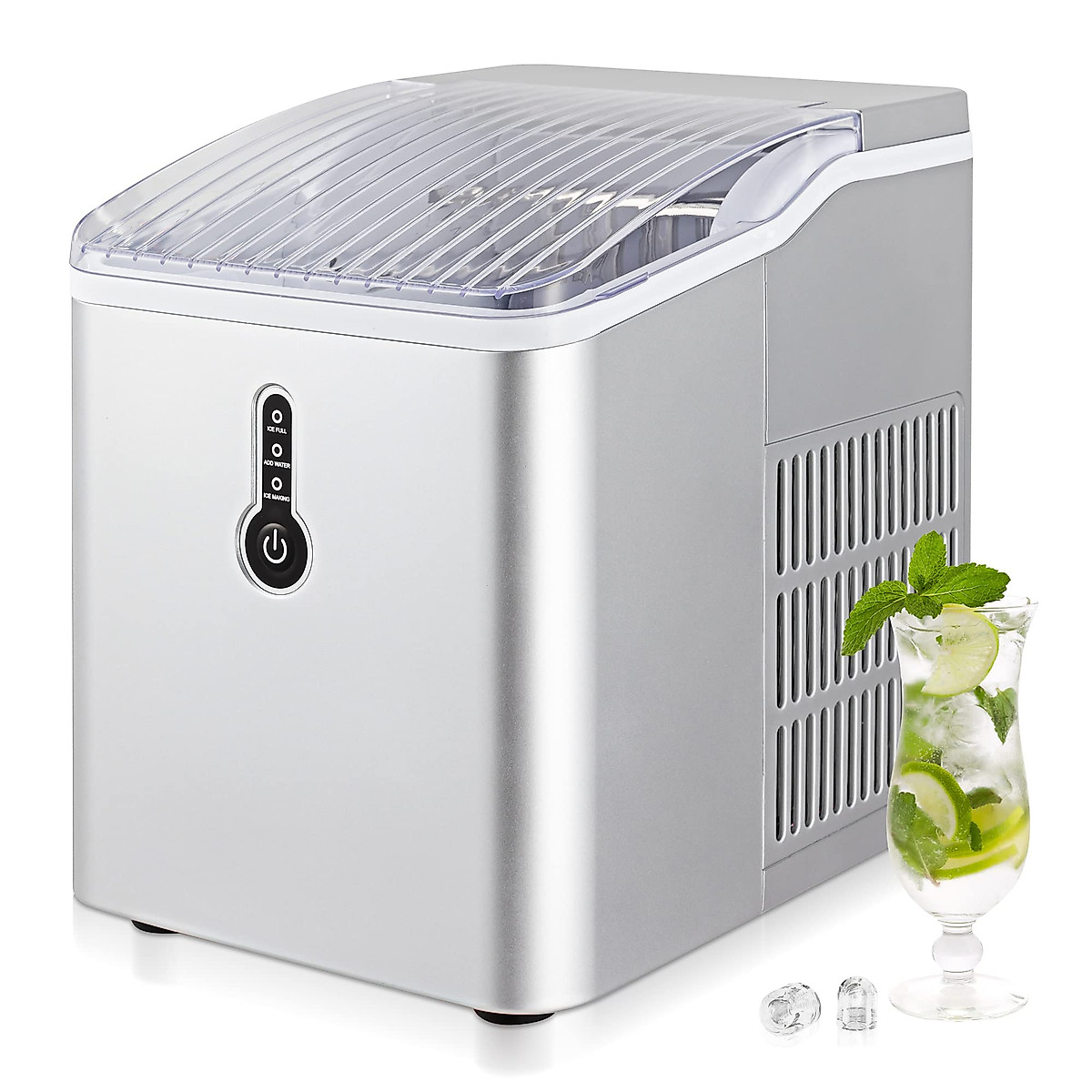 Electactic Ice Maker Countertop, Efficient Easy Carry Ice Maker, Self-Cleaning Ice Maker with Ice Scoop & Basket, 9pcs/ 8mins 26.6Lbs Per Day for Home/Office/Kitchen, Silver (Z3912)