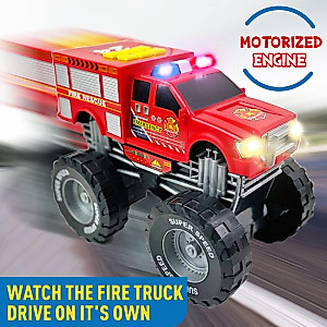 Liberty Imports Motorized Mighty Monster Truck Toy Kids, Electric Motor Vehicle with Big Wheels, Button Action, Sounds and Flashing Lights (Fire Engine)