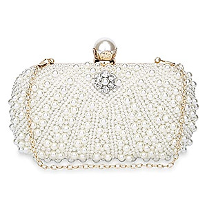 Tanpell Women's Pearl Evening Bags Rhinestone Beaded Clutch Purses for Wedding Bridal Handbag Ladies Prom Cocktail Party Purse (Beige-3)