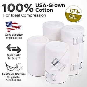 Premium Elastic Bandage Wraps (4" 2pack & 3" 2Pack) - Made of USA Grown Soft Woven Cotton - Metal Clip Fasteners - GT Latex Free Roll for Sprains & Injuries