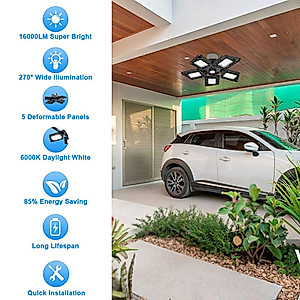 160W LED Garage Light, Super Brightness(16000LM) Garage Light with 5 Deformable LED Panels, 6000K Daylight Led Garage Ceiling Lights, Easy-Installation LED Lights for Garage,Workshop,Warehouse(2 Pack)