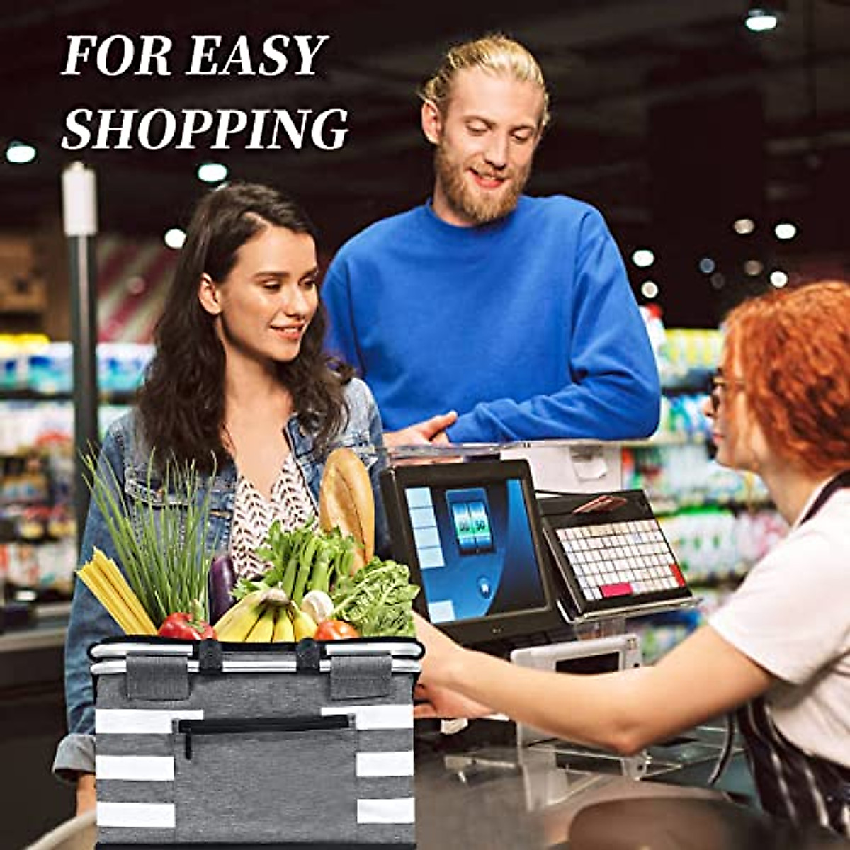 KEFOMOL Insulated Picnic Basket,Leak-Proof Collapsible Cooler Bag,26L Grocery Basket with Lid,2 Sturdy Handles,Storage Basket for Picnic,Food Delivery,Take Outs,Market Shopping,Travel (Gray)