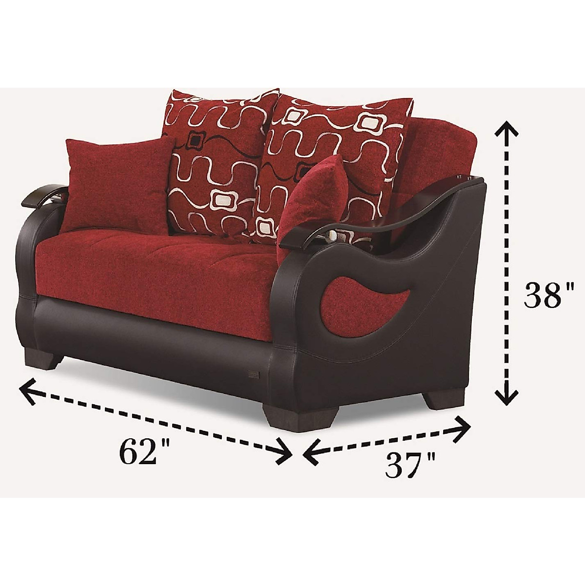 BEYAN Pittsburgh Collection Modern Convertible Storage Loveseat with Ample Storage Space, Includes 2 Pillows, Red/Black