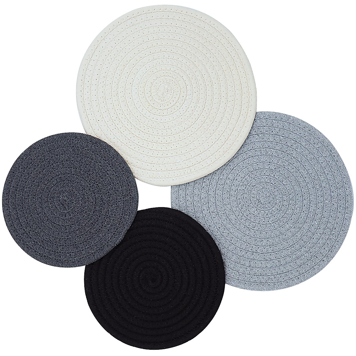 Coomin Trivets for Hot Dishes and Pans, 4Pcs Heat Resistant Pot Holders for Kitchen, 9.5 inch and 7 inch Handmade Woven Potholders, Cotton Pad Mats for Quartz Countertops and Table, Home Decor