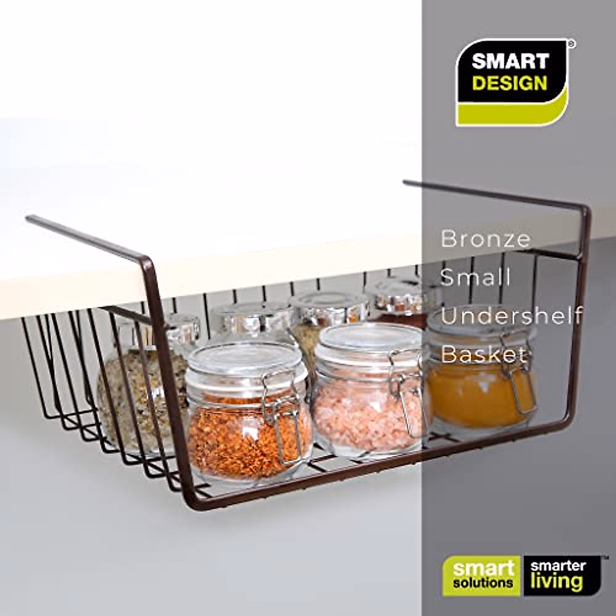 Smart Design Undershelf Storage Basket - Small - Snug Fit Arms - Steel Metal Wire - Rust Resistant - Under Shelves, Cabinet, Pantry, and Shelf Organization - 12 x 5.5 Inch - Bronze