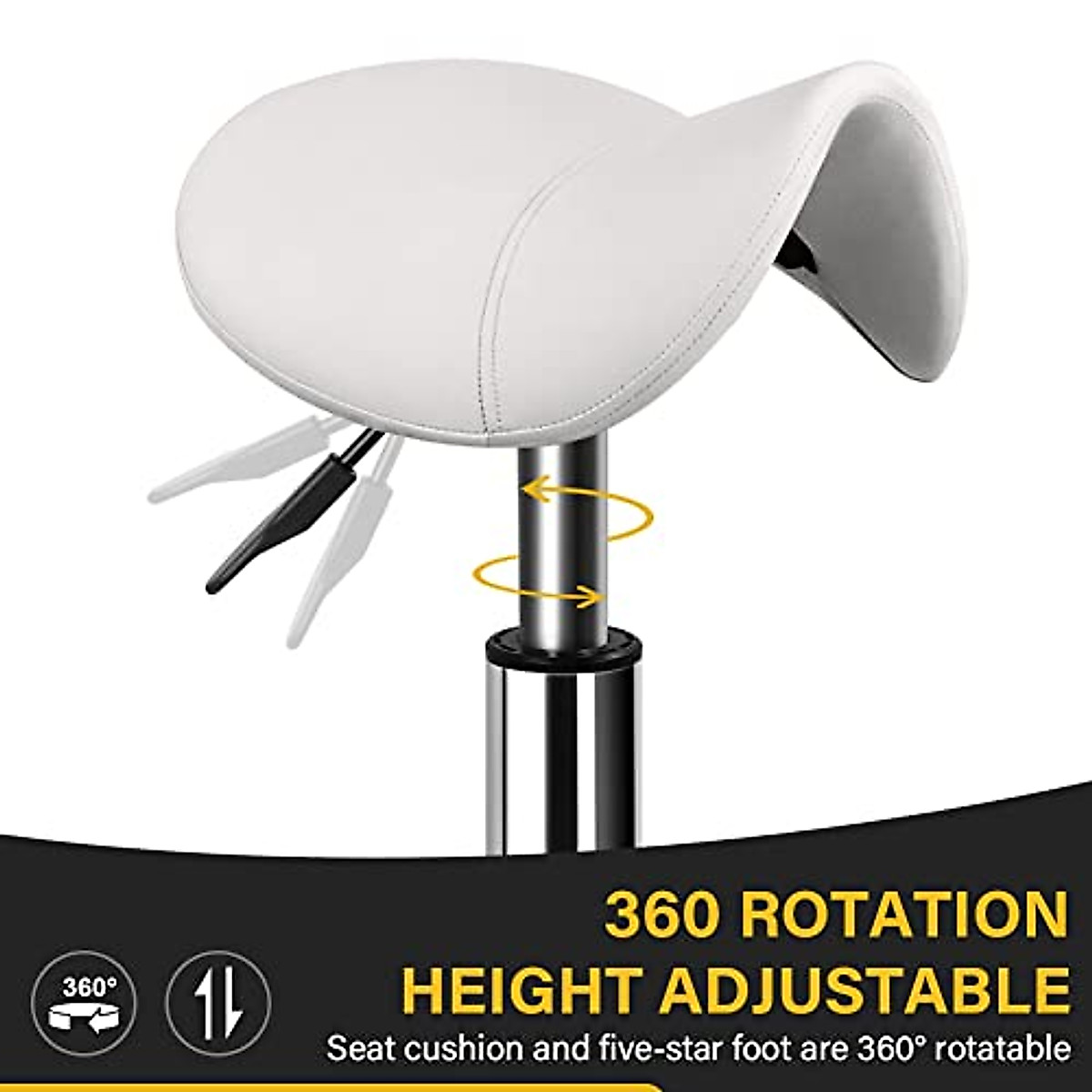 WKWKER Heavy Duty Saddle Rolling Stool with Wheels Hydraulic Swivel Adjustable Rolling Stool Ergonomic Thick Leather Seat Stool Chair for Kitchen Drafting Lab Office Salon Message Stool – White