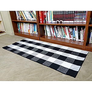 Winwinplus Buffalo Check Rug Cotton Washable Christmas Doormat Unique for Bedroom/Living Room/Kitchen, 23.6 inch x 51.1 inch, Outdoor Plaid Rug, Black and White