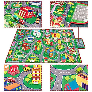 beetoy Car Rug Play Mat, Car Mat for Kids Toy Cars, Car Play Rug Toy Car Mat Large Car Play Mats for Kids City Life Race Car Track Rug Portable Anti-Slip Educational Rug with Roads for 6 Toy Cars