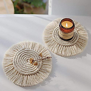 Handmade Macrame Coasters for Drinks, Boho Coasters Set of 2, Round Cotton Woven Absorbent Coasters Heat Resistant Wooden Coffee Table Mats Pads for Home Office Bar Farmhouse Mugs and Cups Decor