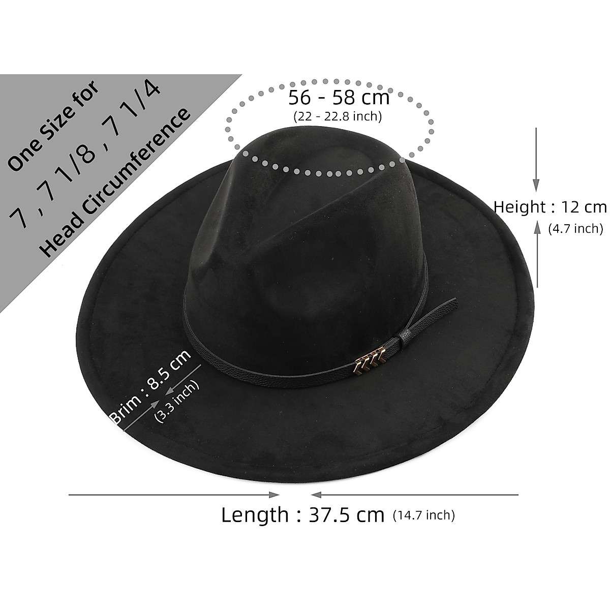 Pro Celia Wide Brim Fedora Hat for Men Women Big Rancher Felt Hat (US, Alpha, One Size, Belt-Black)