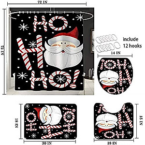 YANR Black Merry Christmas Shower Curtain Sets with Non-Slip Rug Toilet Lid Cover and Bath Mat Santa Ho Ho Ho 4 PCS Shower Curtain with 12 Hooks for Holiday Decoration