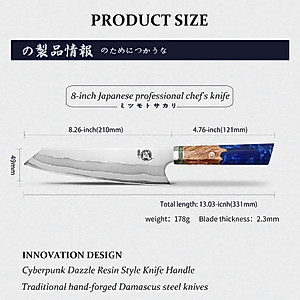 MITSUMOTO SAKARI 8 inch Japanese Kiritsuke Chef Knife, Hand Forged 67 Layers 440C Damascus Steel Kitchen Knives, Professional Meat Sushi Chef's Knife (Blue Pomegranate Handle & Gift Box)