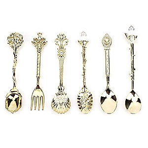 Spoon, 6Pcs Set Innovative Vintage Retro Zinc Alloy Spoons Fork Set Cutlery Kitchen Accessory for Mixing and Stirring Drinks, Cocktails, Milk (Gold (auspicious knot fork handle))