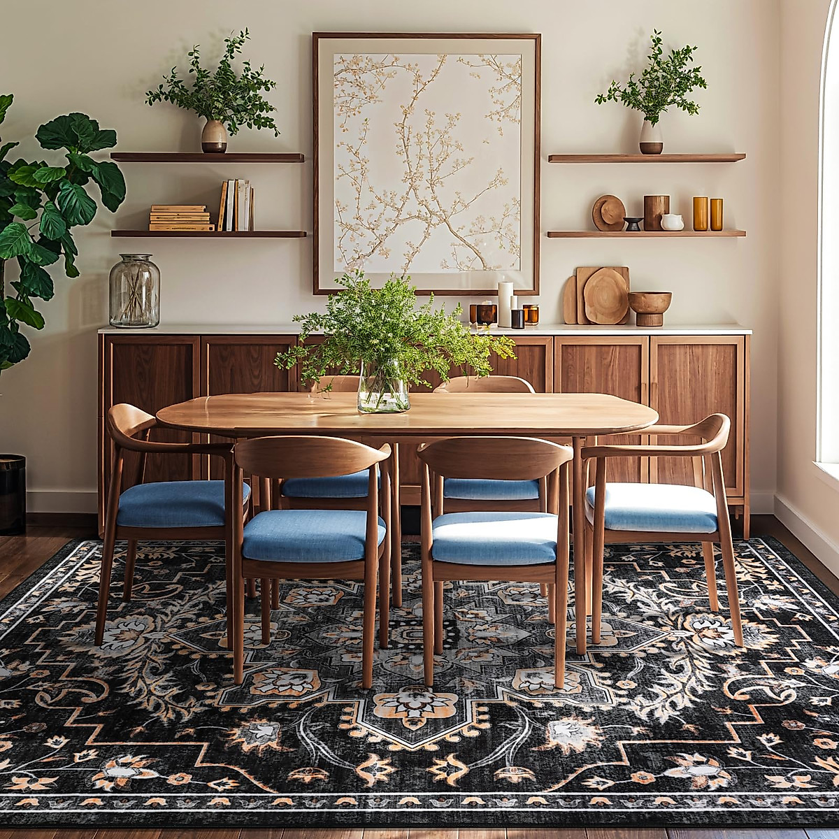 8x10 Boho Large Area Rug, Washable Rug, Ultra Soft Area Rug, Non Slip Abstract Rug Foldable, Stain Resistant Rugs for Living Room Bedroom, Vintage Fuzzy Rug(Black Yellow, 8'x10')