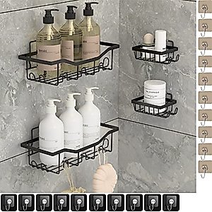 JIANGBAI 24-Pack,Shower Caddy Shelf Organizer Rack with Soap Dish Holder, Adhesive Shower Organizer No Drilling,Rack Wall Mounted Shower Shelves, Self Adhesive Hook (black)