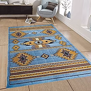 Southwest Native American Navajo Indian Rustic Lodge Geometric Aztec Design #CR25 Light Blue Carpet Area Rug (7’ 8” X 10’ 8”)