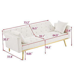 DaiNNCN Velvet 3 Seater Sofa Bed Couch,Futon Sleeper Sofa with 2 Pillows,Button Tufted and Gold Metal Legs-White