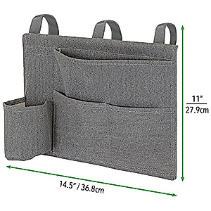 mDesign Cotton Canvas Bedside Hanging Storage Organizer Caddy for Dorm, Bedroom Bed Frame - 4 Pockets, 3 Loops - Holds Phone, Remote Control, Magazines, Bottle Drinks - Crane Collection -Charcoal Gray