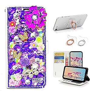 STENES Bling Wallet Phone Case Compatible with Samsung Galaxy Z Fold 5 5G Case - Stylish - 3D Handmade Rose Butterfly Flowers Floral Leather Cover with Ring Stand Holder [2 Pack] - Purple