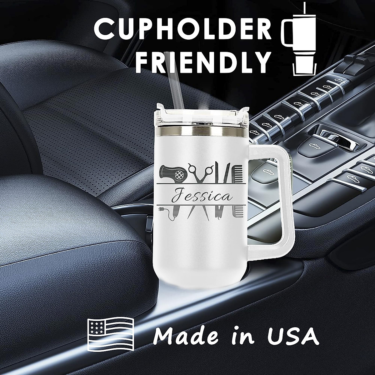 LifGif Babershop Personalized Tumbler 40 oz Laser Engraved, Insulated Cup with Handle, Lid and Straw, Custom Tumbler Hair Stylist Graduation Gift for Men Women Friend Stainless Steel Coffee Cup