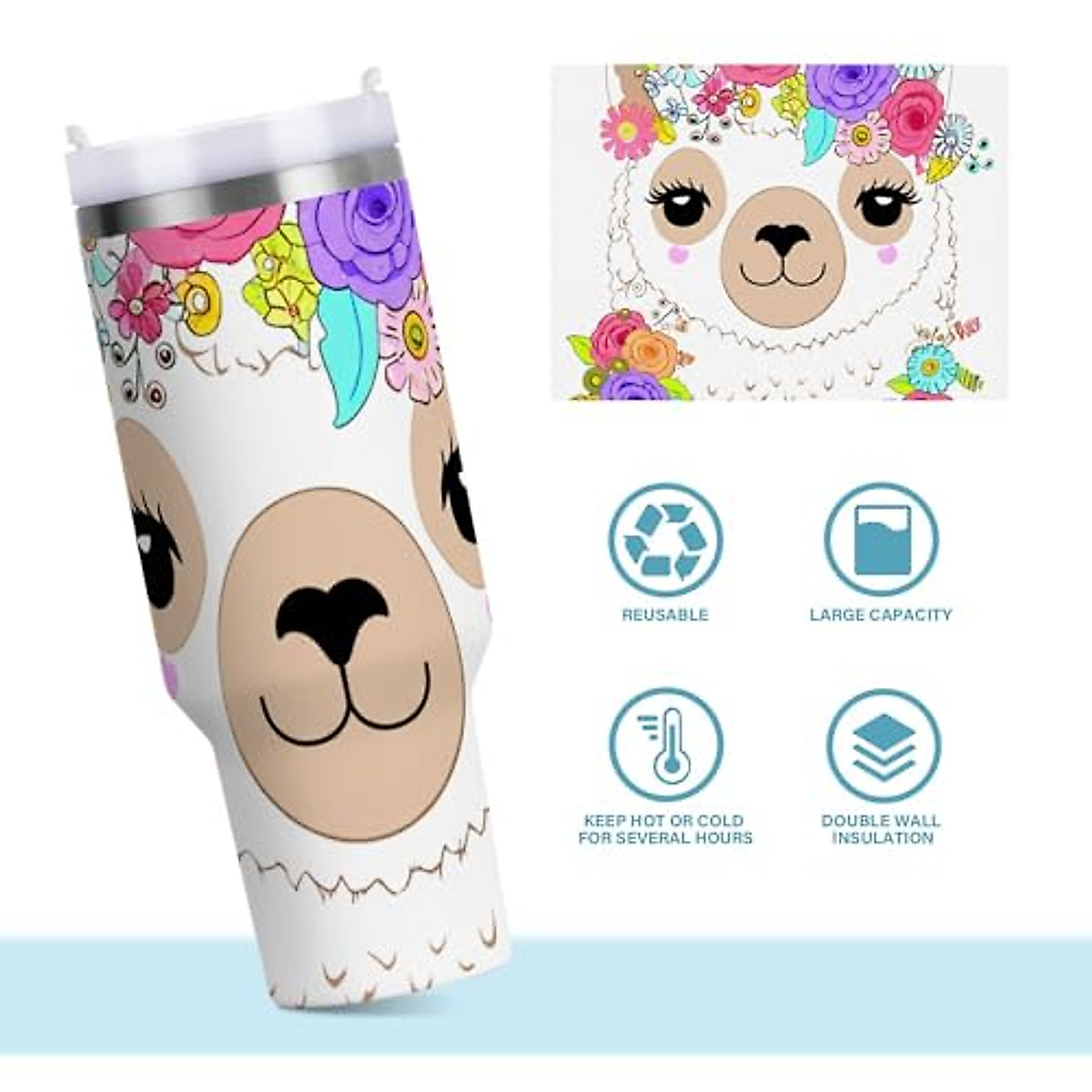 ODAWA 30 Oz Llama Floral Stainless Steel Vacuum Insulated Tumbler with Straw and Handle