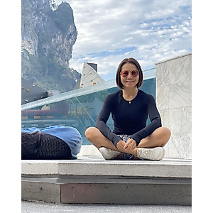 Stelle Women Workout Shirts Seamless Long Sleeve Yoga Tops with Thumb Holes for Sports Running Breathable Athletic Slim Fit (Black,M)