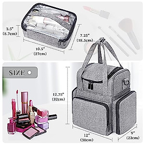 LEAFFUP 2 Layers Large Travel Makeup Bag with 2 Removable Pouches, Large Cosmetic Bag with Detachable Partition, Portable Cosmetic Bag with Multiple Storage Sections (Patent Pending), Grey