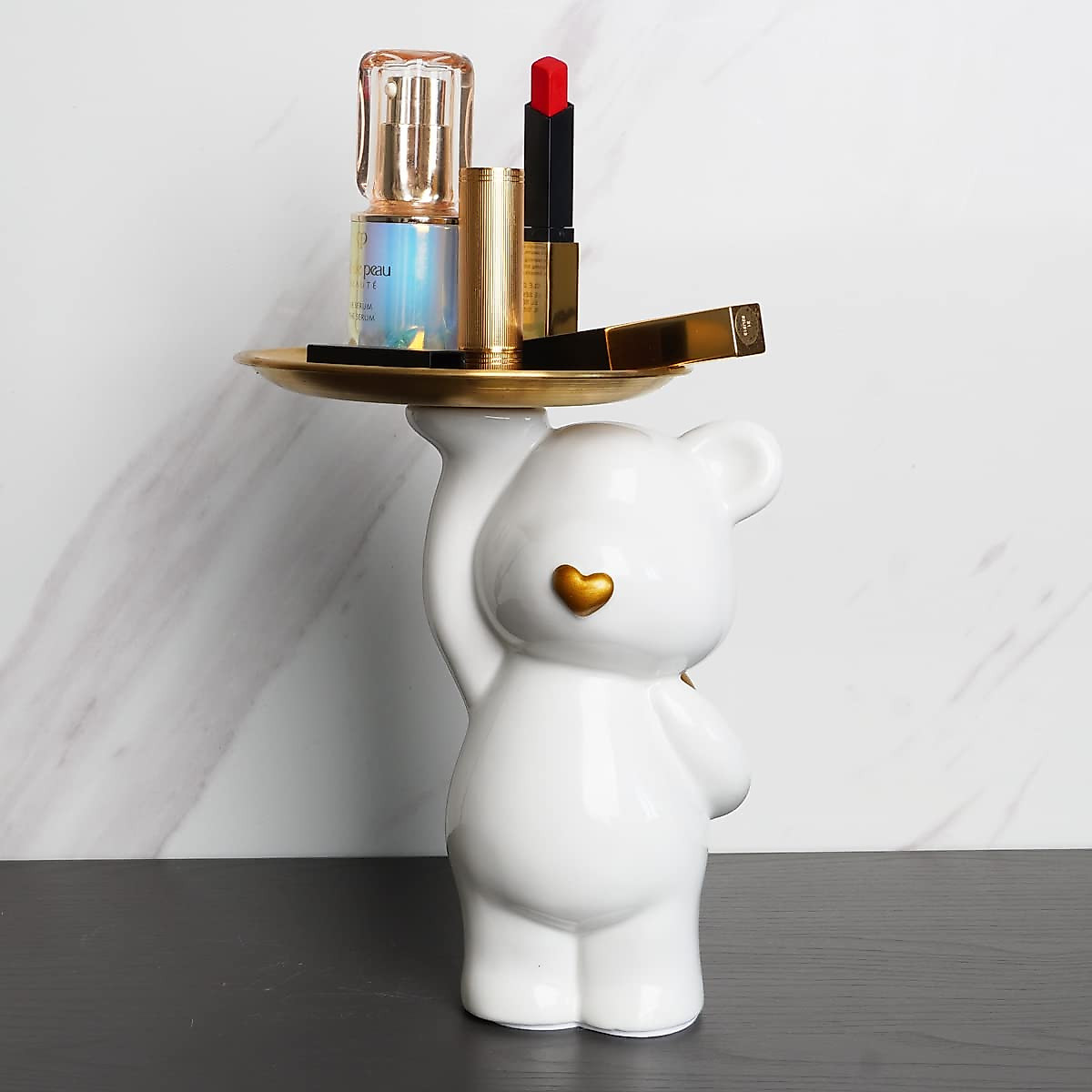 OILISI Jewelry Tray,Ceramic Bear Statues with Gold Dish for Ring Earring Holder,Decorative Tray for Table Bathroom Living Room Entry-way Decoration,Fit for Candy Key Necklaces Lipstick Holder
