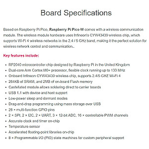 waveshare Pre-Soldered Header Raspberry Pi Pico W, Built-in WiFi Support 2.4 GHZ Wi-Fi 4, Based on Official RP2040 Dual-Core Processor,Dual-core Arm Cortex M0+ Processor