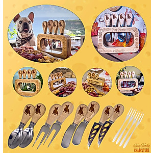 Frenchie The French Bulldog Cheese Board Deluxe Stainless Steel Utensils 12 Set, and Engraved Bamboo Display Stand, Cheese Knives, Forks, Spoons, Spreaders and Mini Forks, Fancy Frenchie Charcuterie