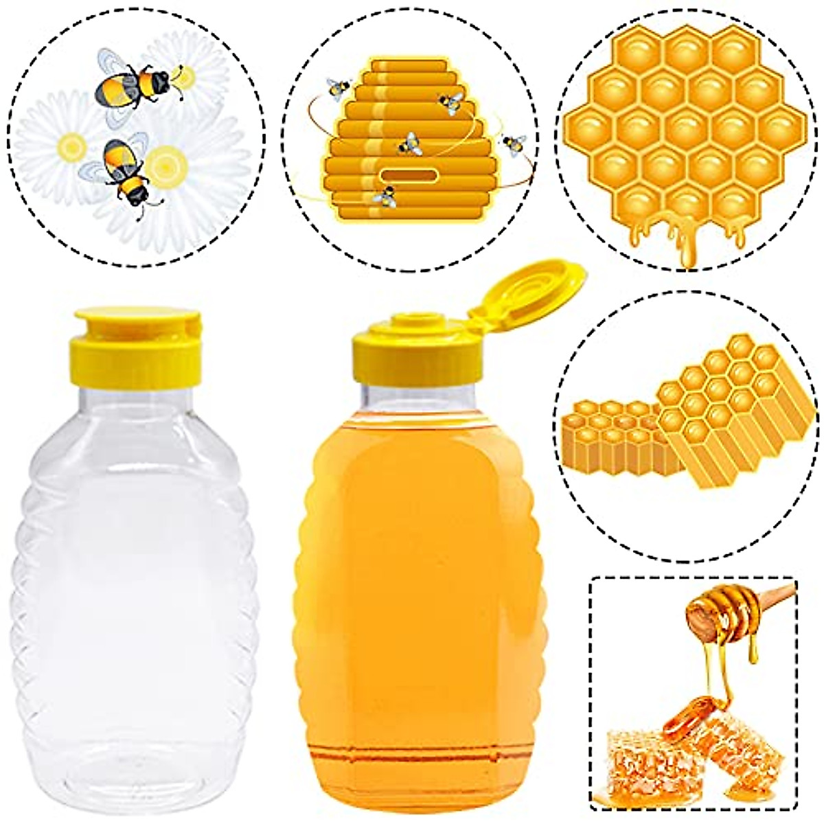 Qinsihwn 8 Pack 16oz Clear Plastic Honey Bottles,Refillable Food Grade Honey Container,Squeeze Honey Bottle With Leak Proof Flip-Top Caps for Storing and Dispensing