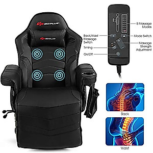 Goplus Massage Gaming Chair, Racing Style Gaming Recliner w/Adjustable Backrest and Footrest, Ergonomic High Back PU Leather Computer Office Chair Swivel Game Chair w/Cup Holder and Side Pouch