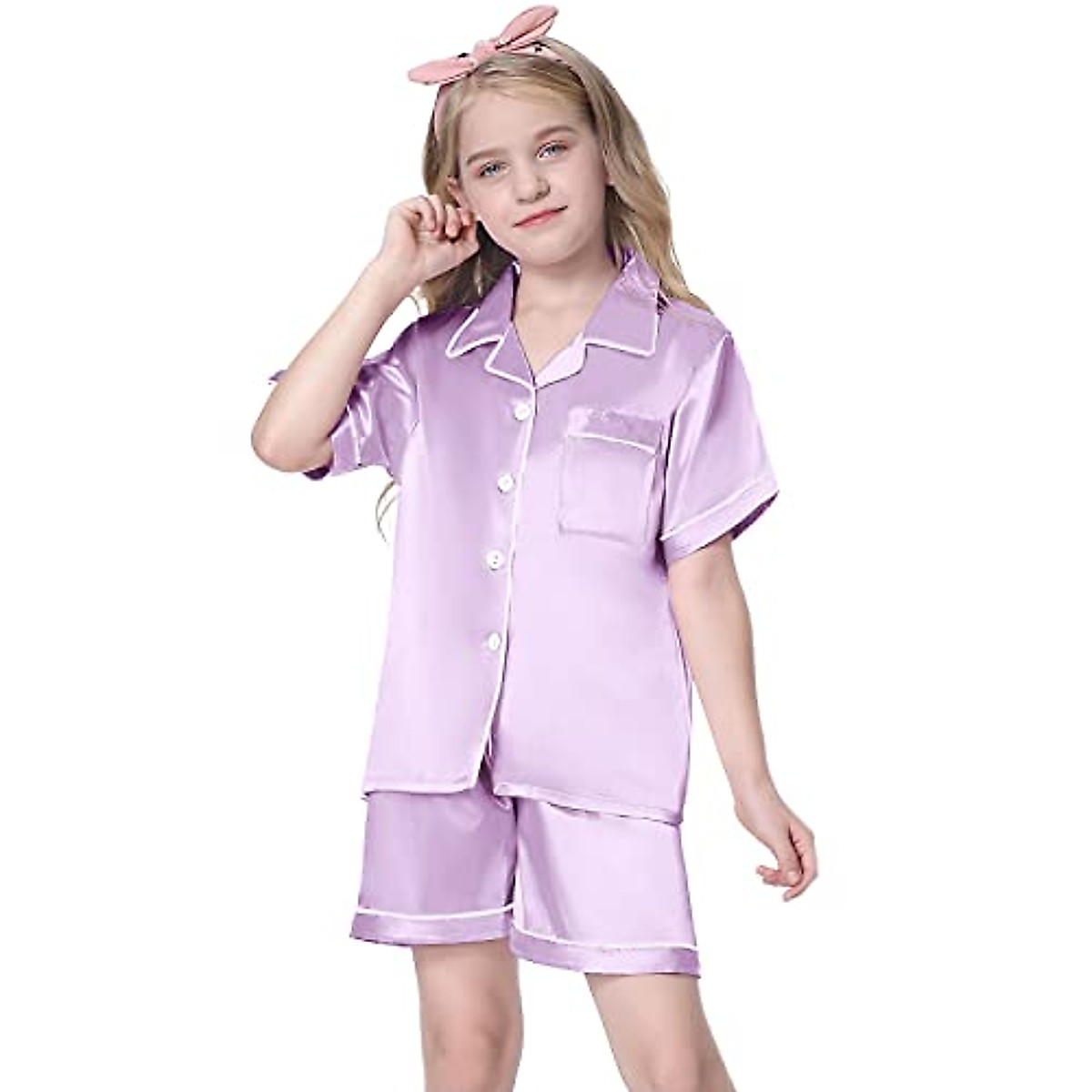 Silk Pjs for Women Set, Cute Silky Matching 2 Pcs Comfy Nightwear Button Down Sexy Soft Satin Summer Pj Short Set, D Lavender, X-Small