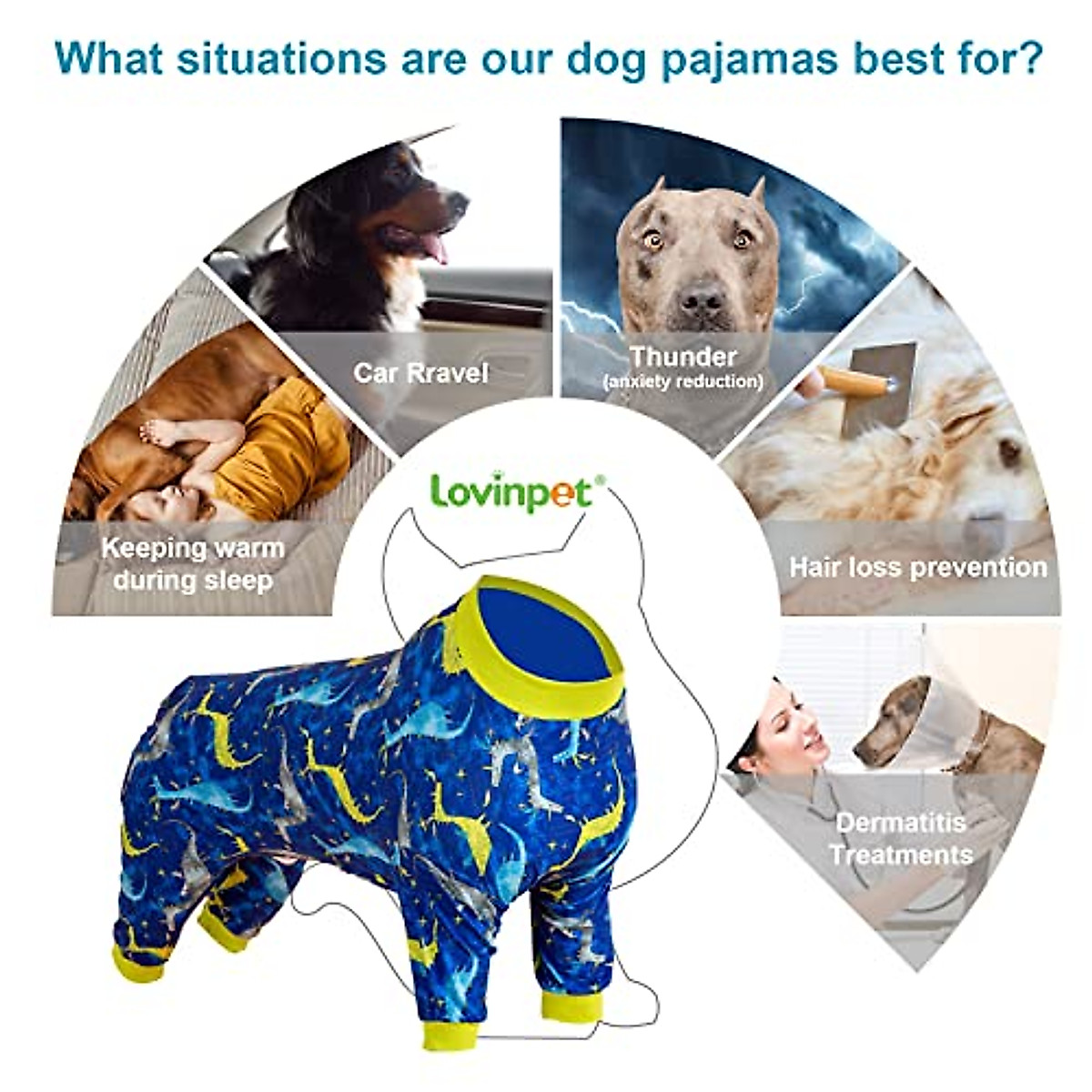 LovinPet Clothes For Female Doberman Dogs - Pet Anxiety Calming Dog Jammies for After Surgery, Lightweight Fabric, Blue Dragon Print, Large Dog Pjs,Long-sleeved 4 Leg Style Pullover Dog Onesie,Blue XL
