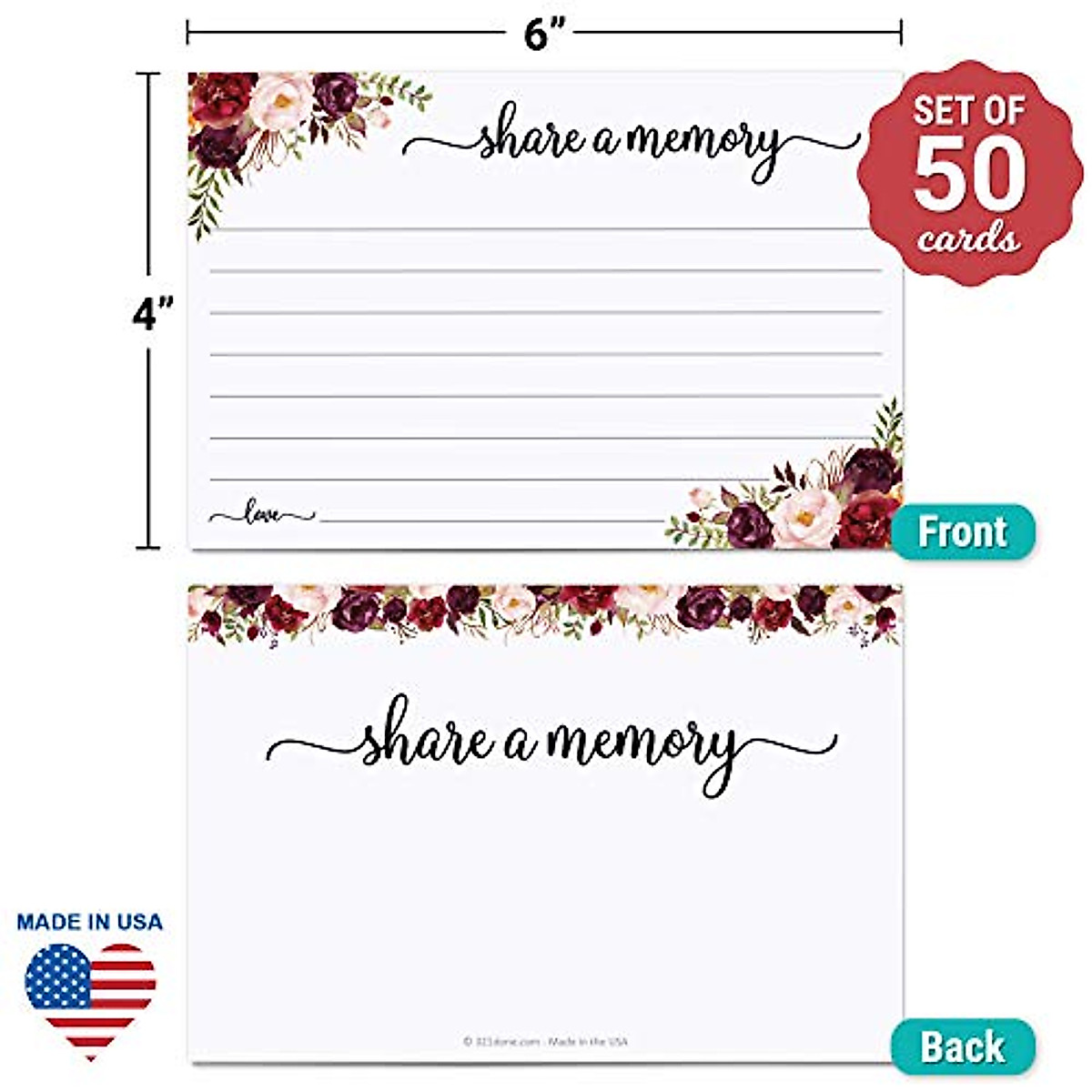 321Done Share a Memory Card (50 Cards) 4" x 6" Floral Red Roses - for Wedding Memorial Funeral Graduation Bridal Shower Celebration of Life Birthday Anniversary - Made in USA - White