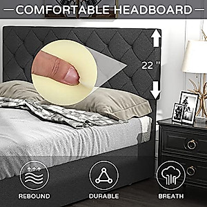 Osfvolr Queen Bed Frame, Modern Upholstered Platform Bed with 4 Storage Drawers, Modern Diamond Stitched Button Tufted Design Fabric Bedframe with Adjustable Headboard, Mattress Foundation, Dark Grey