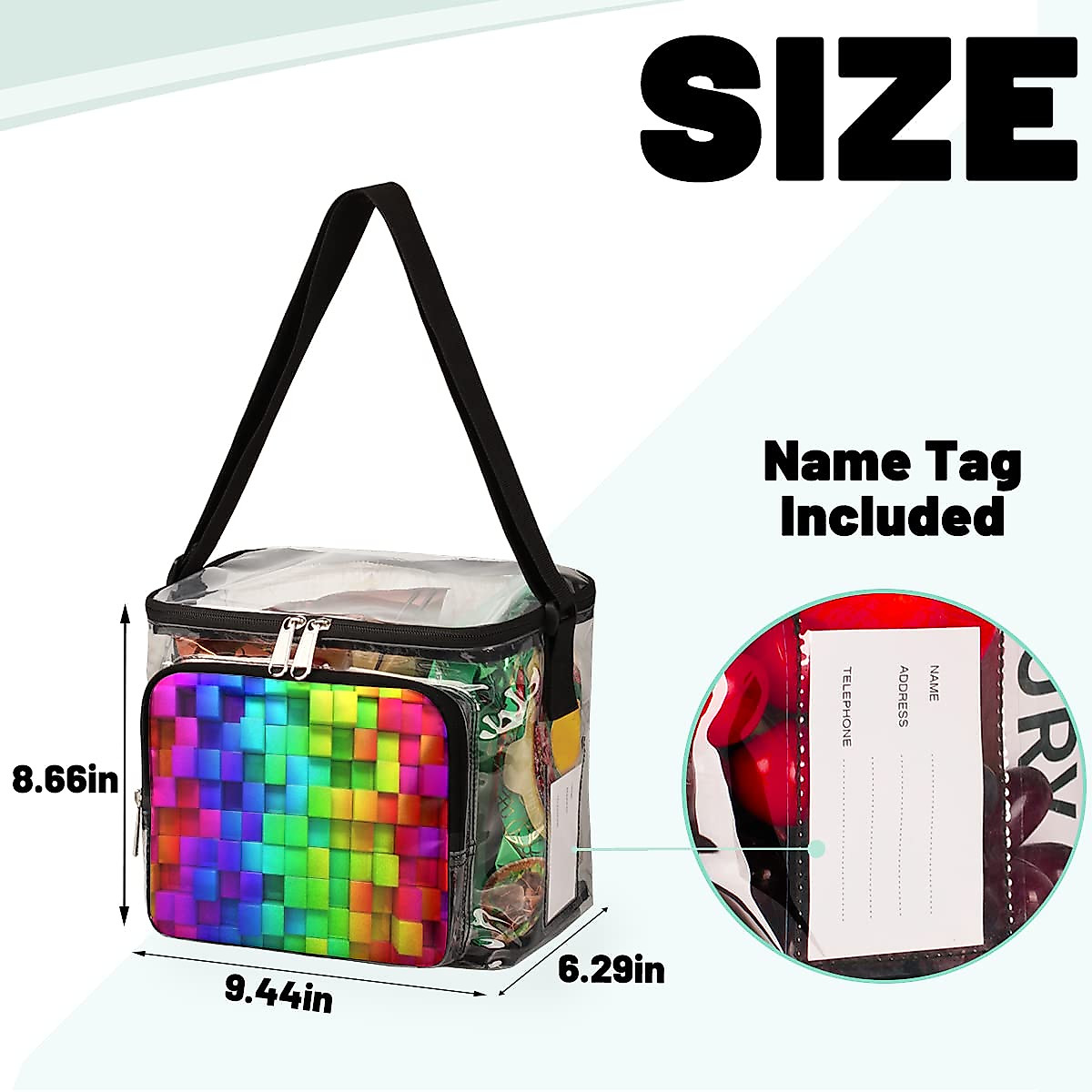 bisibuy Rainbow Box Pattern Clear Lunch Bag Stadium Approved PVC Plastic See Through Lunch box with Adjustable Strap for Sports Events Concerts Office