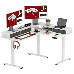 SANODESK 55" L Shaped Standing Desk with 3 Drawers, Height Adjustable Stand up Desk, Corner Gaming Desk with Monitor Stand, White Frame/White Top