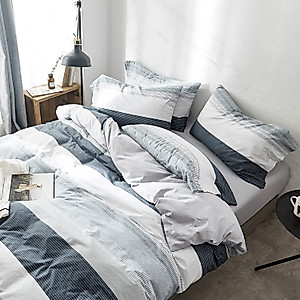 OREISE Duvet Cover Set Full/Queen Size 100% Cotton Bedding Set Gray Blue White Printed Striped Style,3Piece (1 Duvet Cover + 2 Pillowcase),Comfortable Luxurious Soft