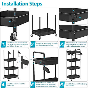 SPACEKEEPER Rolling Storage Cart, 4-Tier Bathroom Organizer Utility Cart Laundry Room Organization Mobile Shelving Unit with Towel Rack, Lockable Wheel, Hooks & Cup for Kitchen Bedroom Office, Black