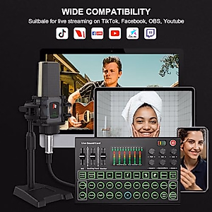 RHM Podcast Equipment Bundle, All-in-One Audio Interface DJ Mixer with Microphone, Stand, Monitor Earphone, Audio Mixer With Sound card for PC/Laptop/Phone, Streaming/Podcasting/Gaming