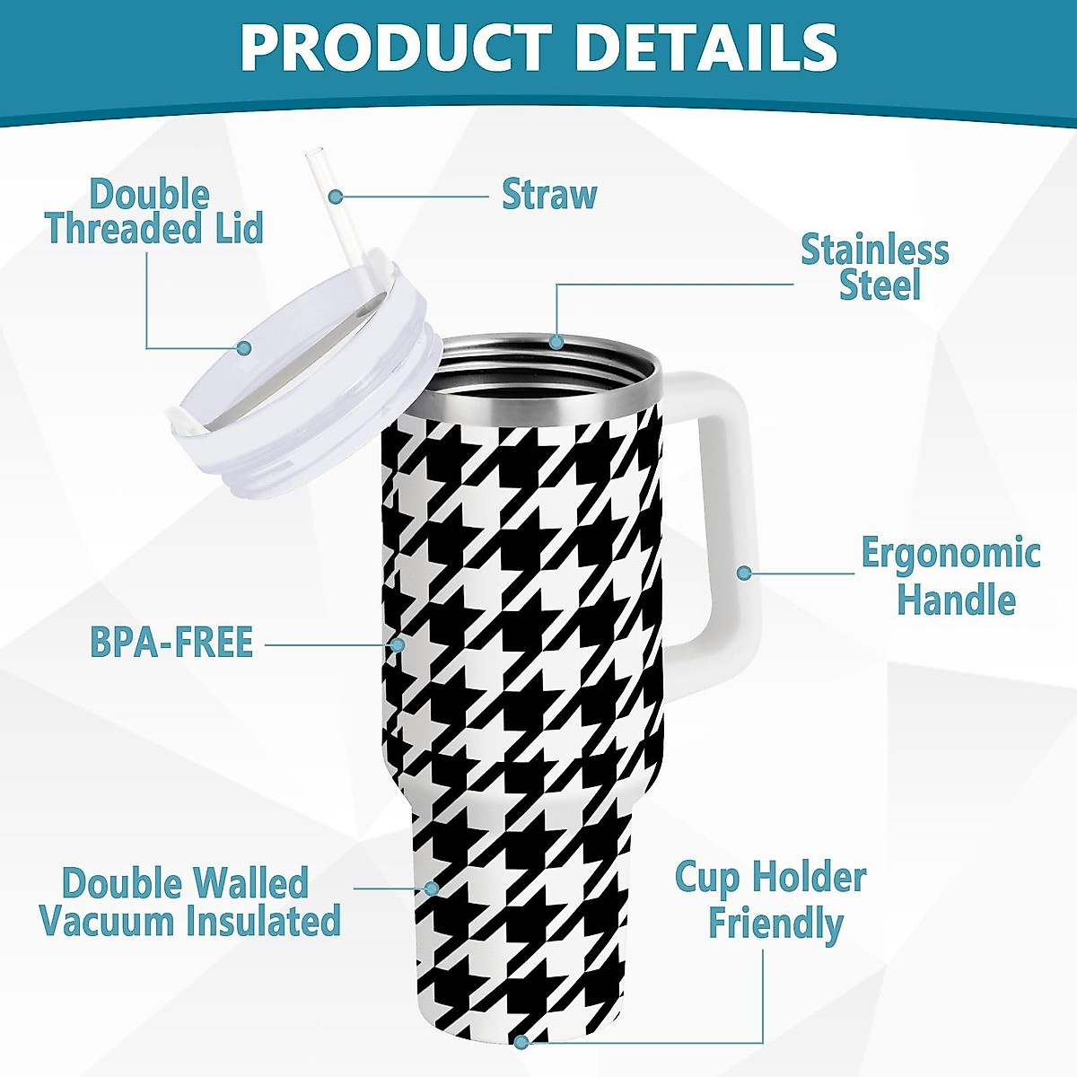 ZZXXB Black and White Houndstooth Insulated Stainless Steel Water Bottle with Handle and Straw Lid Double Walled Travel Mug 40 oz