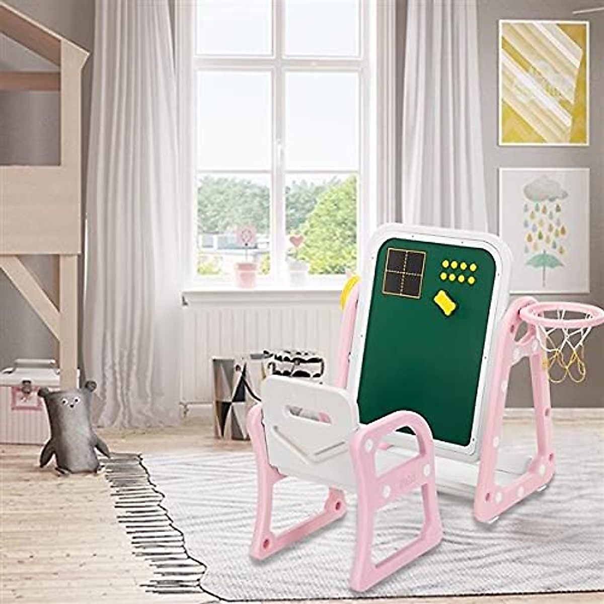 Walnut New 52cm * 67cm * 68cm Plastic Children's Table and Chair Drawing Board Set with Shooting Ring 1 Table and 1 Chair (Color : D)