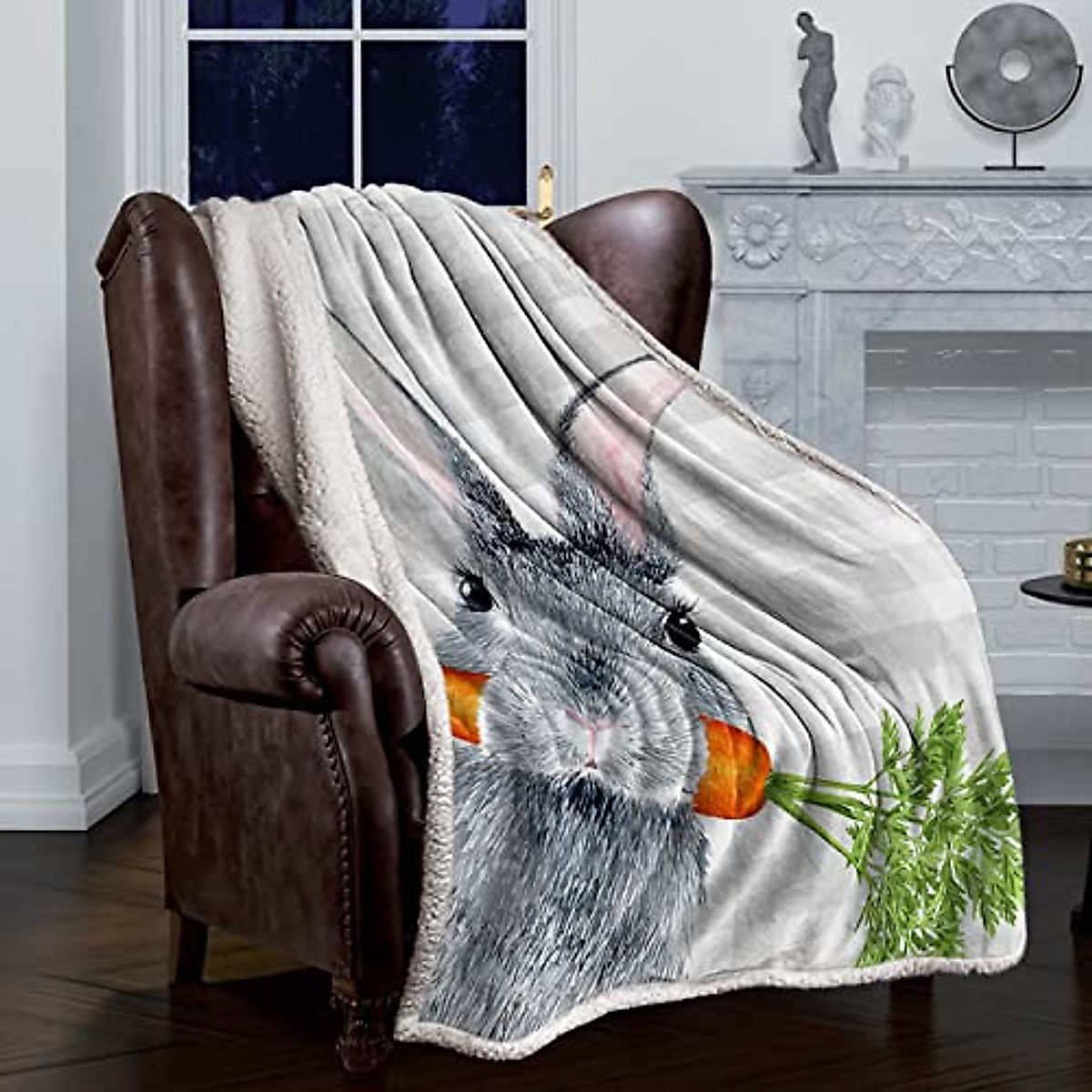 Sherpa Blankets Fleece Throw Blanket Reversible Soft Cozy Bed Blankets Easter Watercolor Bunny with Carrot,Flannel Sofa Throws,Grey and White Buffalo Plaid Fuzzy Warm Blankets for Couch,50x80in