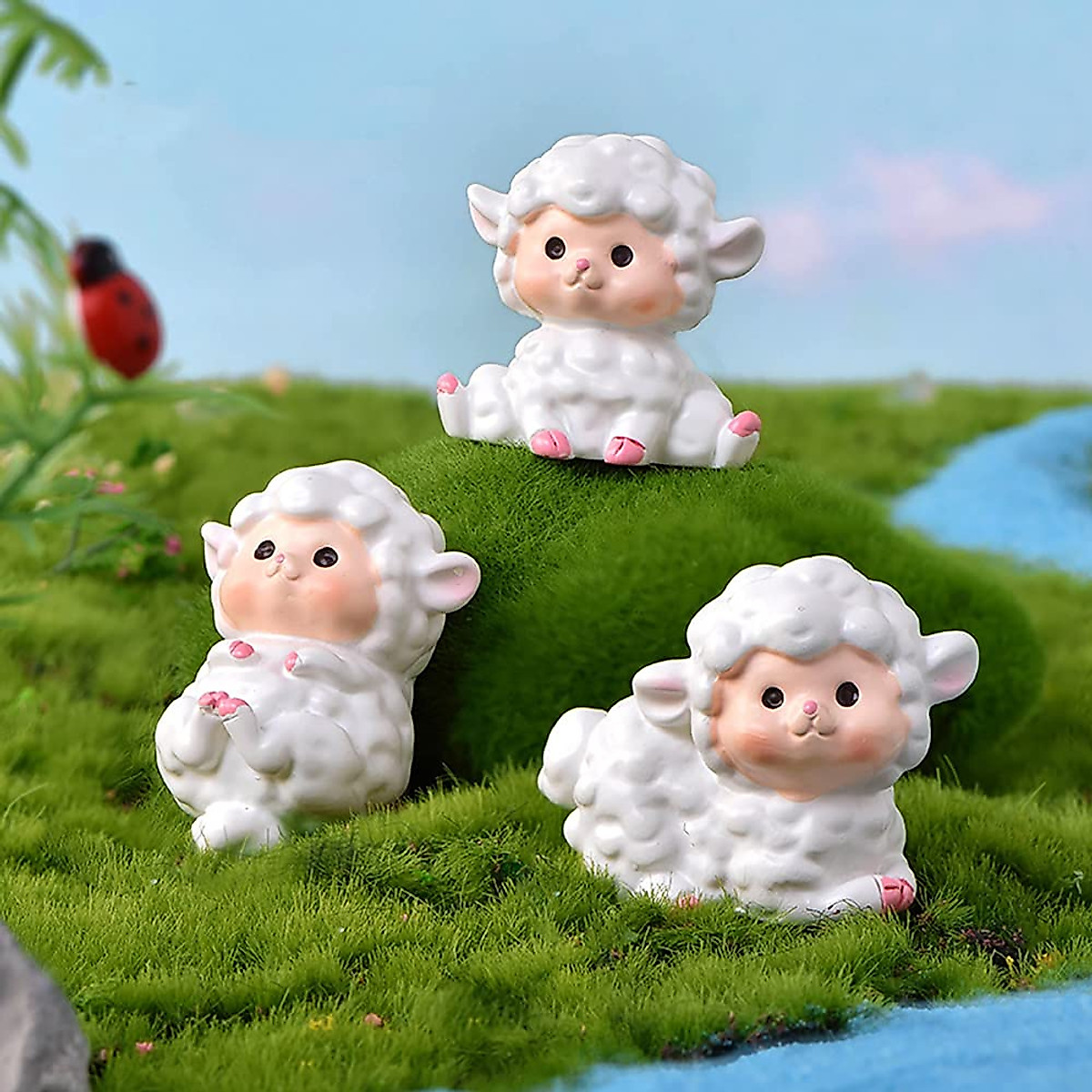 Super Cute Sheep Figure Animal Toys Set Cake Topper, 5Pcs Miniature Sheep Figurine Toy Set for Kids Baby Shower Birthday Party Cake Decoration