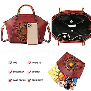 Genuine Leather Handbags for Women, Organizer Top Handle Satchel Vintage Embossing Totem Shoulder Bag