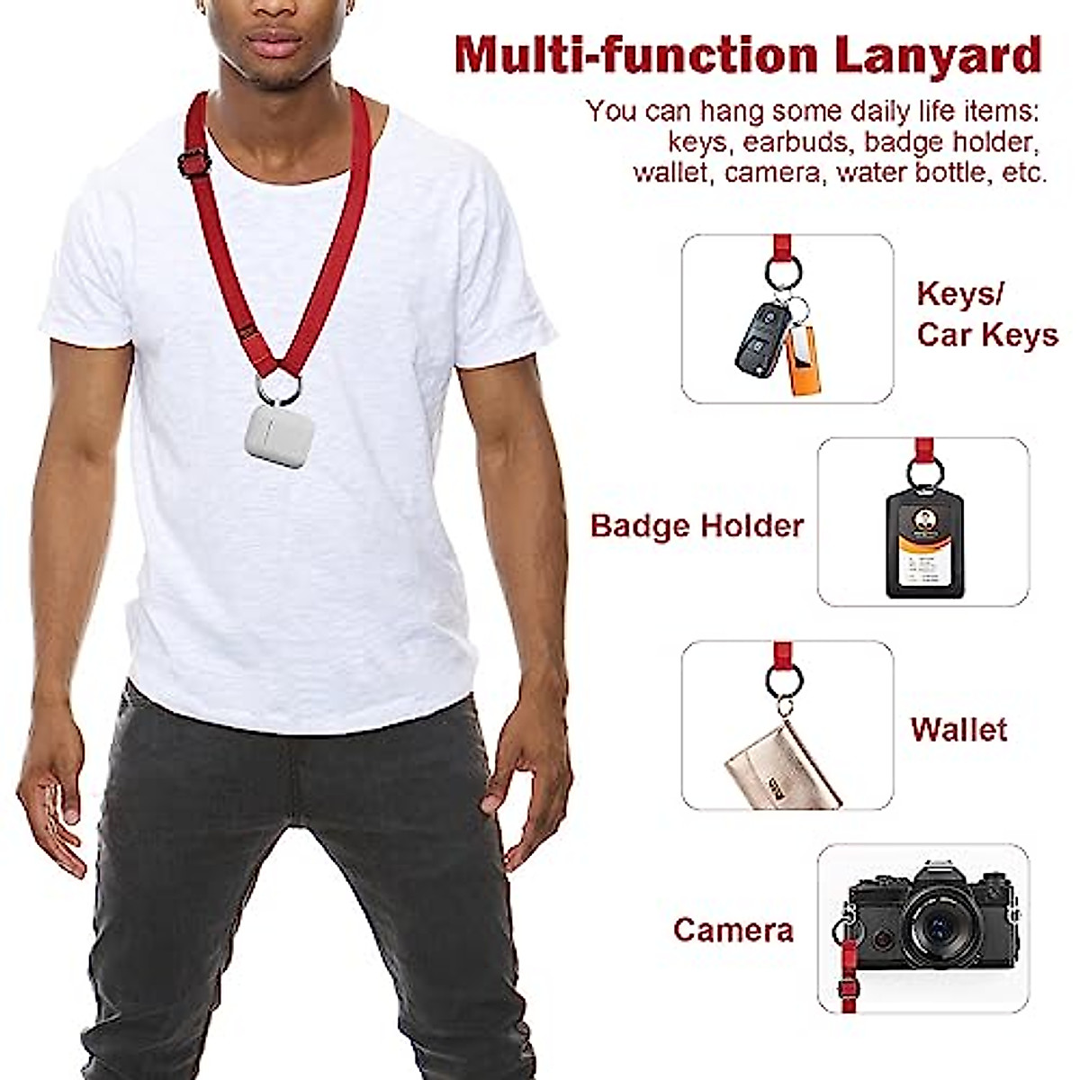 Desing Wish Dual-use Adjustable Lanyard for Original Long Crossbody Lanyard or End-to-end Connection Lanyard, Anti-lost Cross Body Strap Cotton Neck Strap Holder for Keys Wallet Camera (Red)